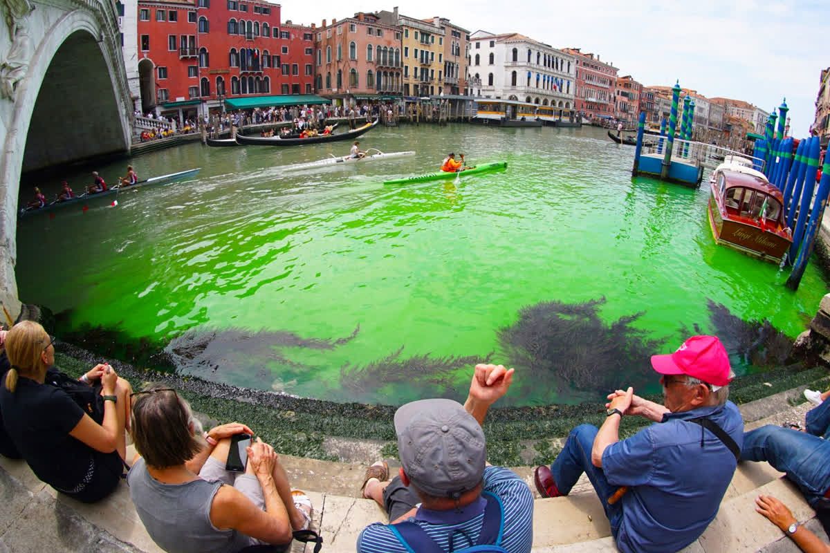 Climate Activists Turn Venice's Grand Canal Green in Protest